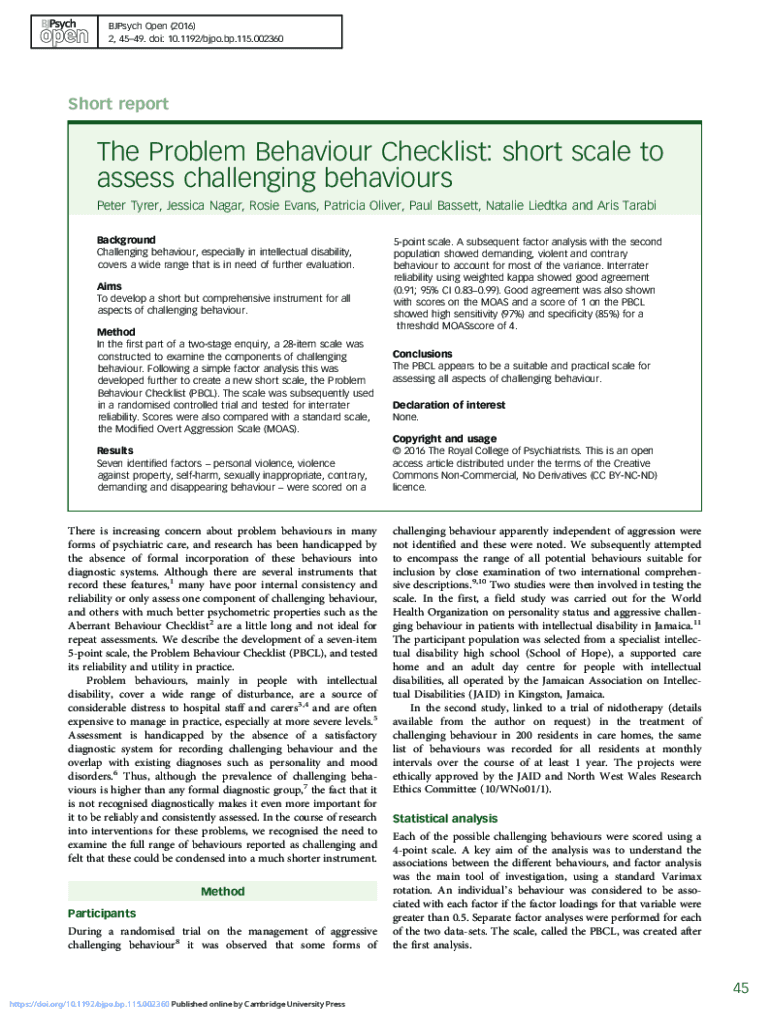 Fillable Online The Problem Behaviour Checklist: short scale to assess ...