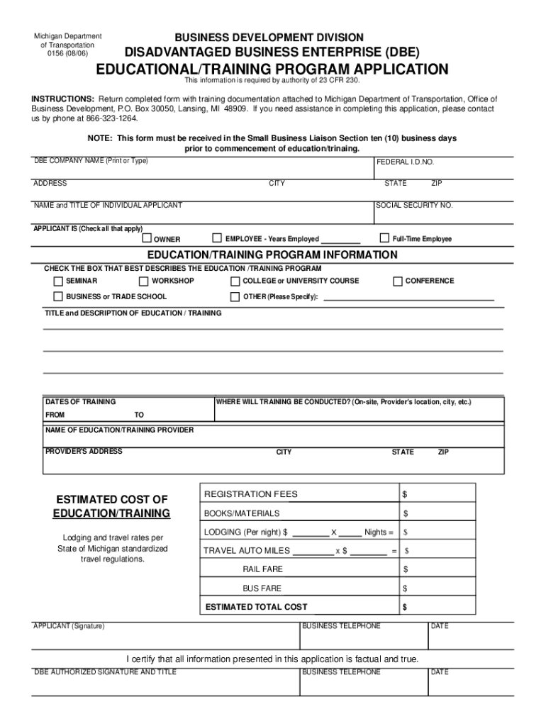 Fillable Online DBE EDUCATIONAL/TRAINING PROGRAM APPLICATION Fax Email ...