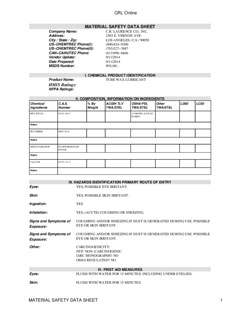 Fillable Online CRL Online MATERIAL SAFETY DATA SHEET 1 Fax Email Print - pdfFiller