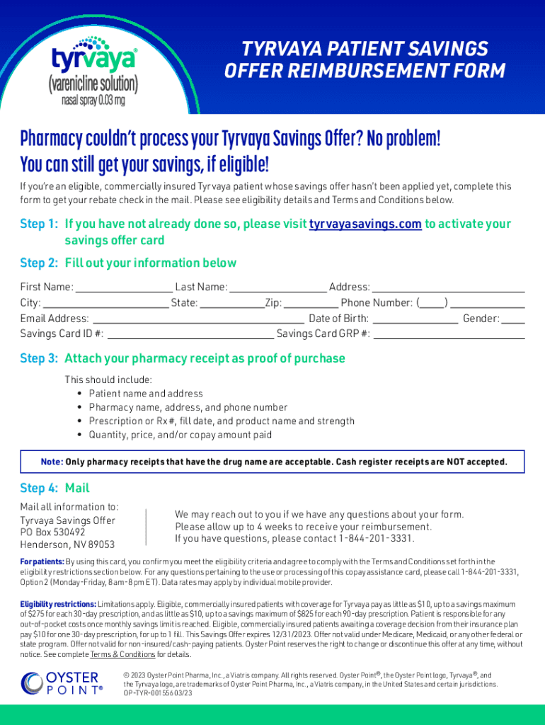 Fillable Online Tyrvaya Patient Savings Offer Reimbursement Form Fax ...
