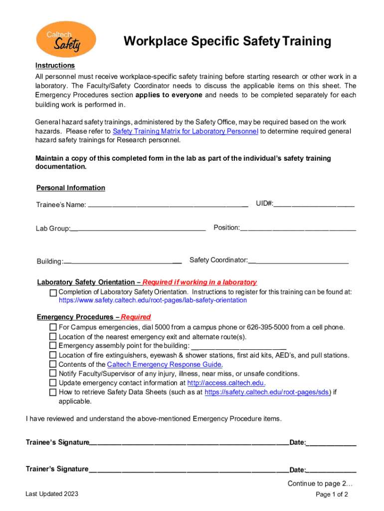 Fillable Online safety caltech Workplace Specific Safety Orientation ...