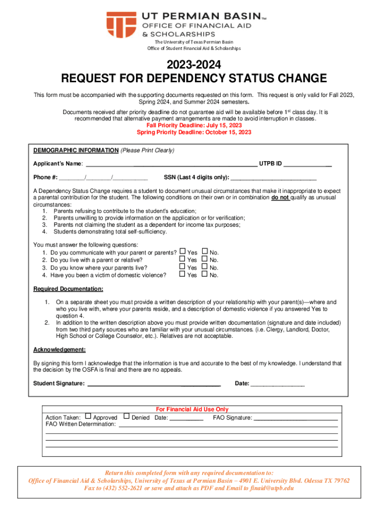 Fillable Online 2023-2024 REQUEST FOR DEPENDENCY STATUS ... Fax Email ...