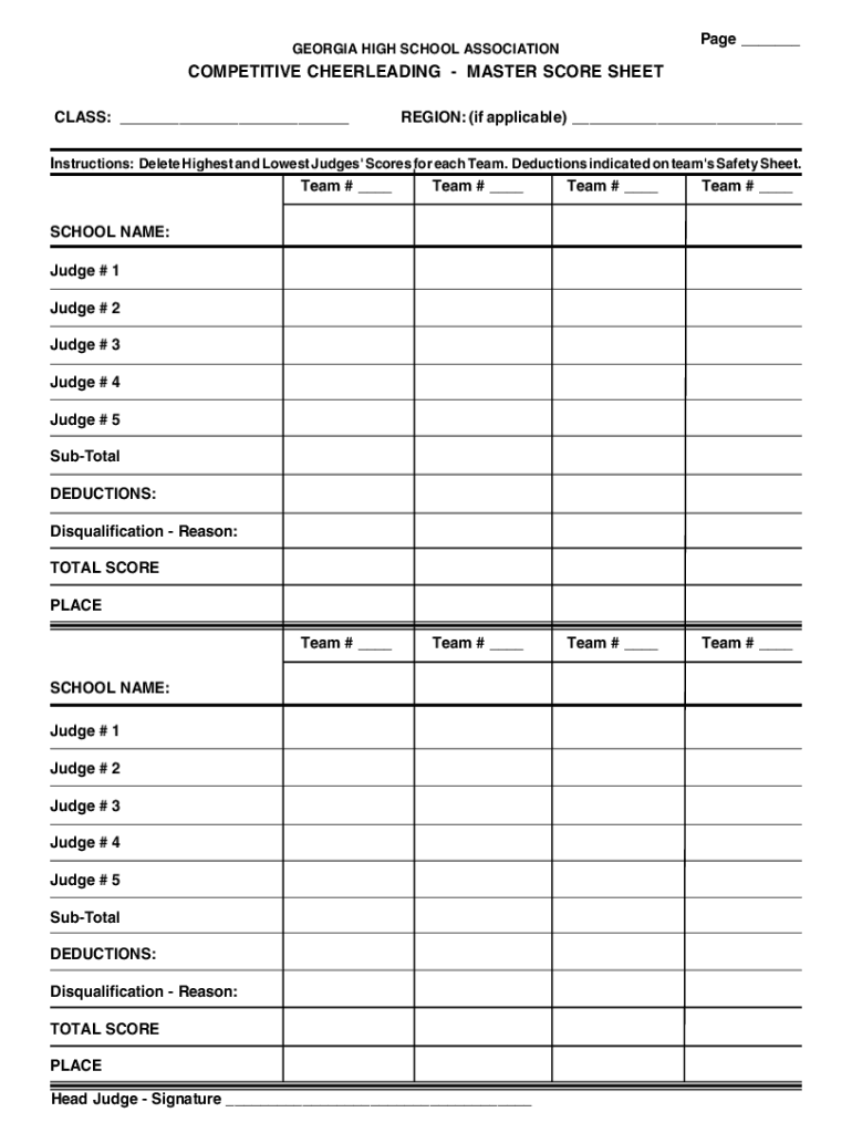 Fillable Online COMPETITIVE CHEERLEADING - MASTER SCORE SHEET Fax Email Print - pdfFiller