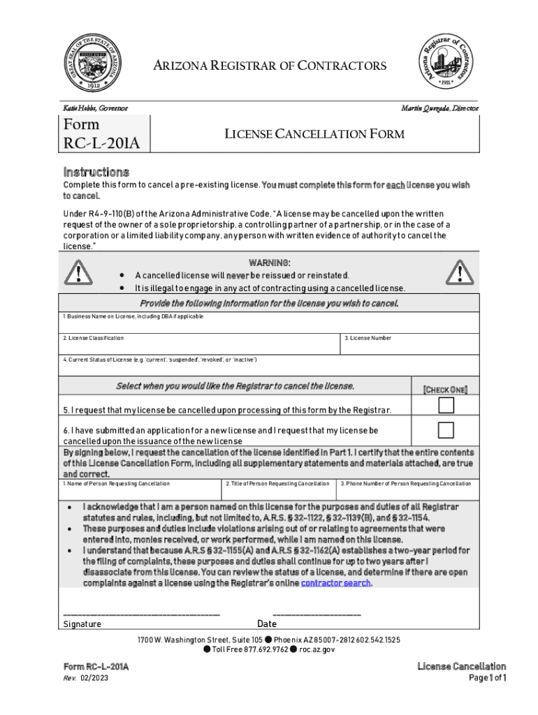 Fillable Online Form RC-L-201A - Arizona Registrar of Contractors - az ...