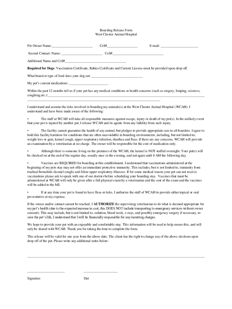 Fillable Online Boarding Release Form West Chester Animal Hospital Pet ... Fillable Online Boarding Release Form West Chester Animal Hospital Pet ...