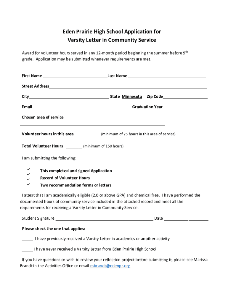 Fillable Online Eden Prairie High School Application for Varsity Letter in ... Fax Email Print ...