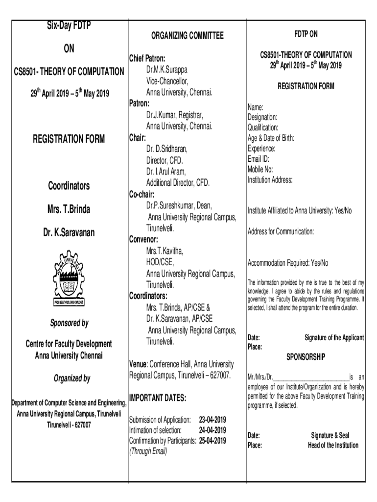 Fillable Online Six-Day FDTP ON REGISTRATION FORM Coordinators ... Fax Email Print - pdfFiller