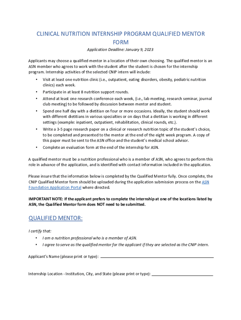 Fillable Online clinical nutrition internship program qualified mentor ...