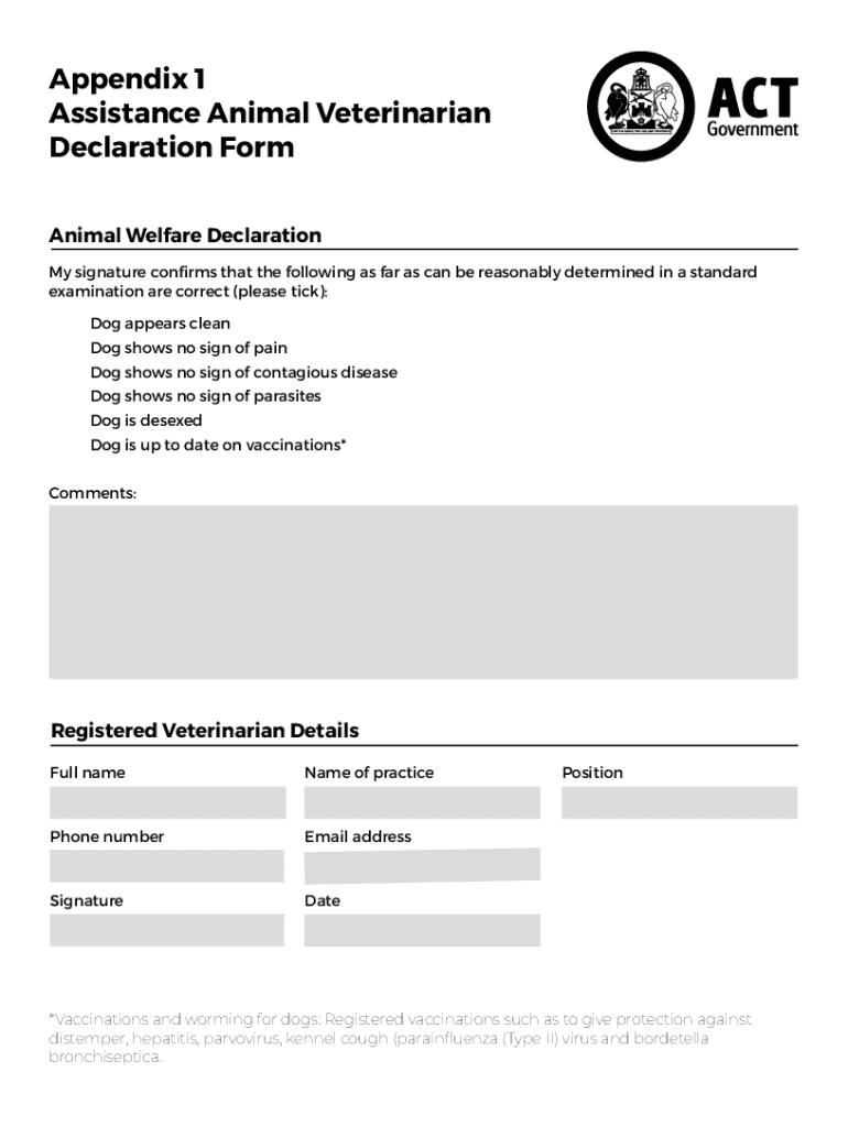 Fillable Online Appendix 1 Assistance Animal Veterinarian Declaration Form Fax Email Print ...