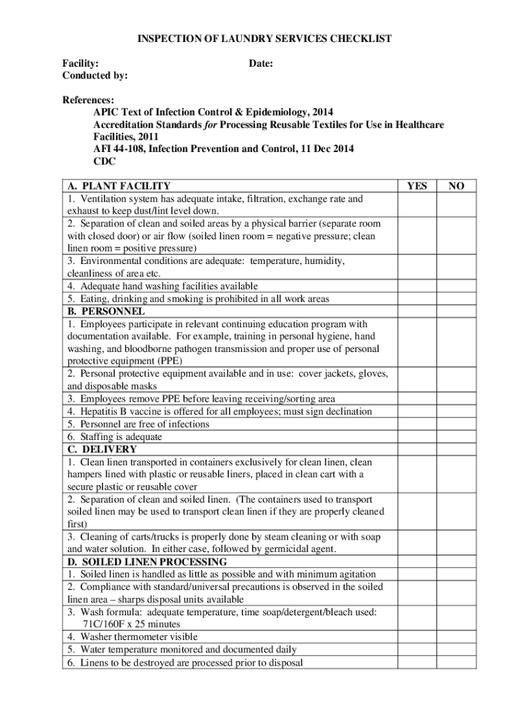 Fillable Online INSPECTION OF LAUNDRY SERVICES CHECKLIST Facility: Date ...