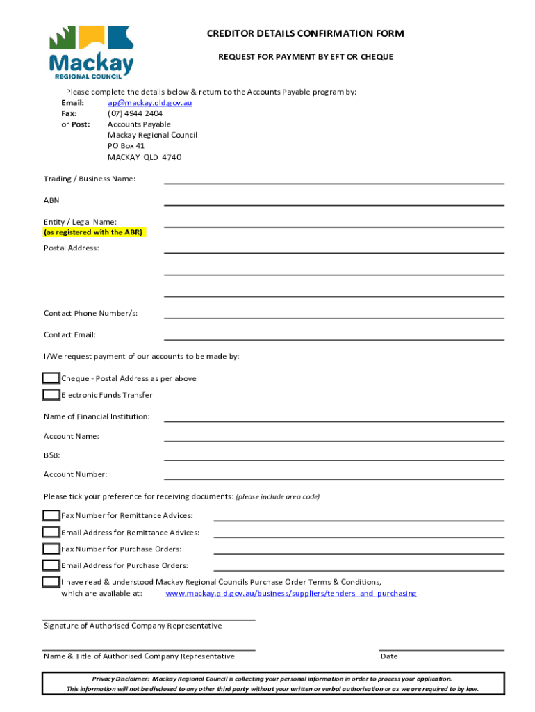 Fillable Online Creditor Details Confirmation Form.xlsx Fax Email Print - pdfFiller
