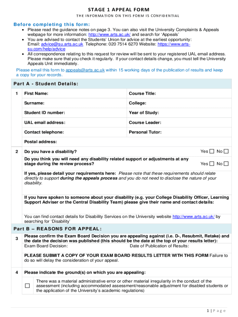 Fillable Online STAGE 1 APPEAL FORM Fax Email Print - pdfFiller