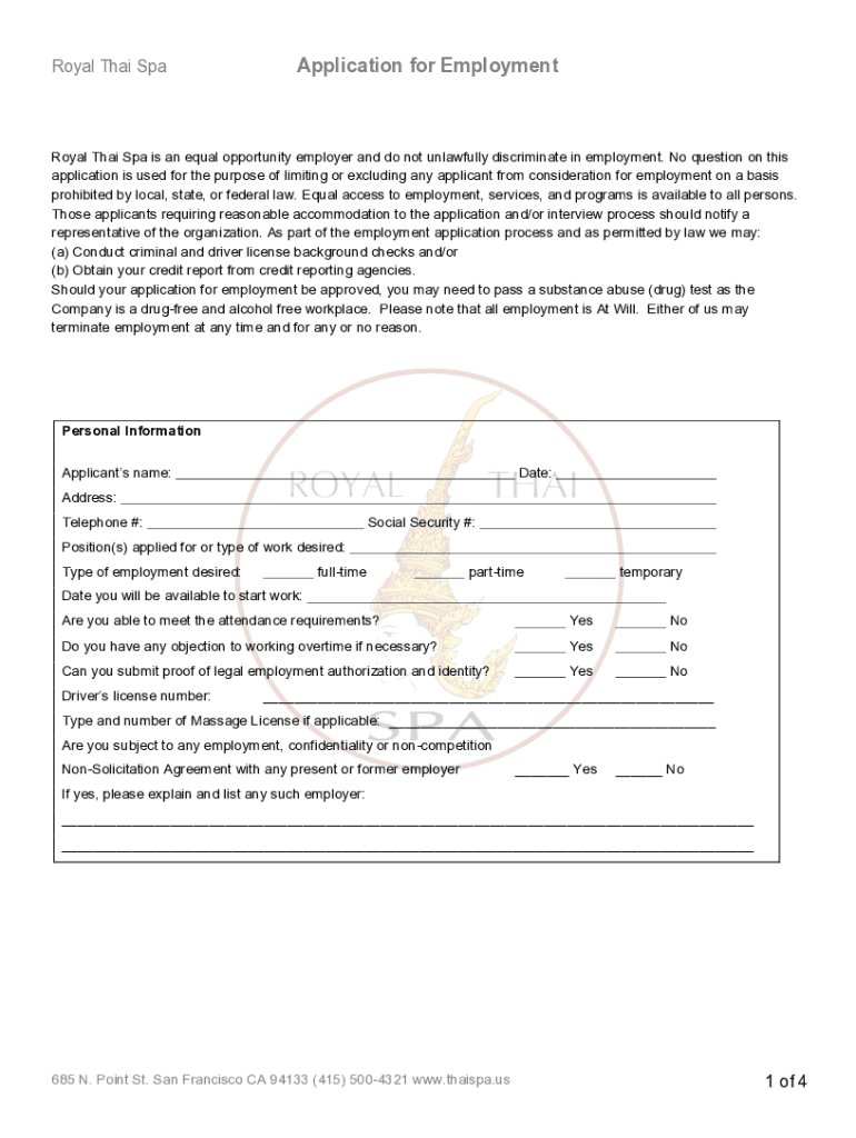 Fillable Online Royal Thai Spa Application for Employment.docx Fax ...