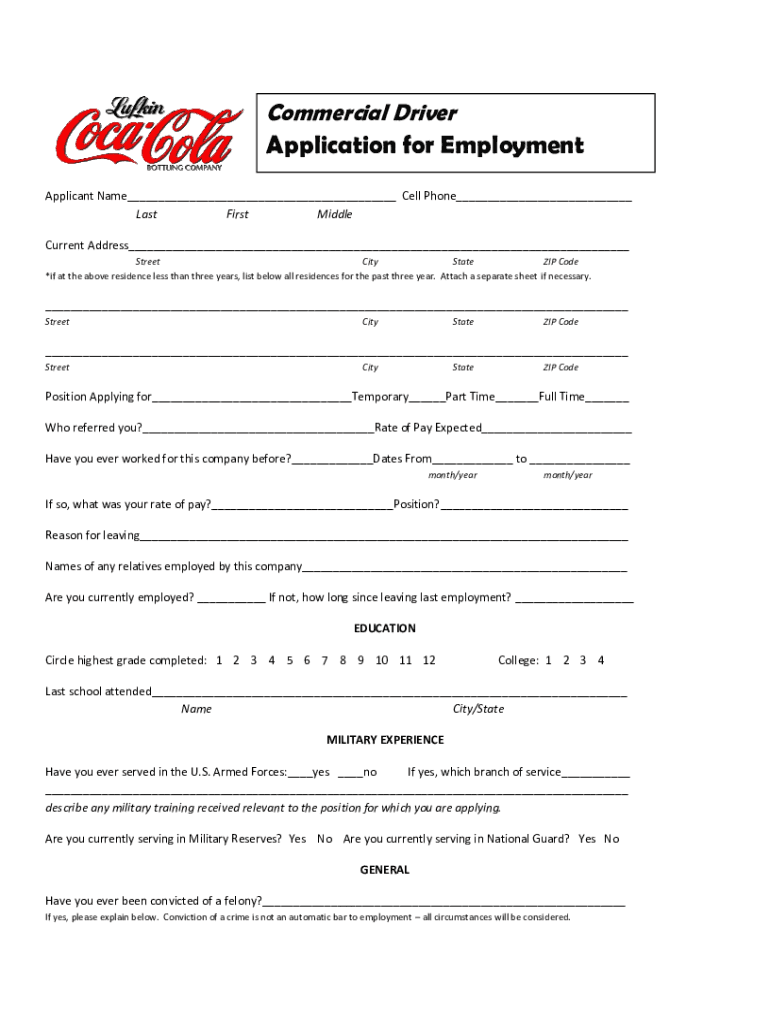 Fillable Online Commercial Driver Application for Employment Date of ...