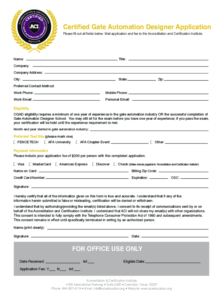 Fillable Online Certified Gate Automation Designer Application Fax Email Print - pdfFiller