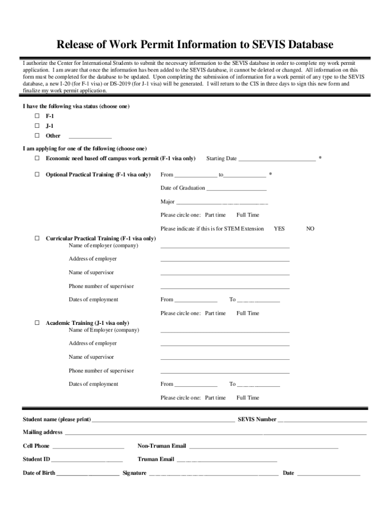 Fillable Online Release Of Work Permit Information To SEVIS Database ...