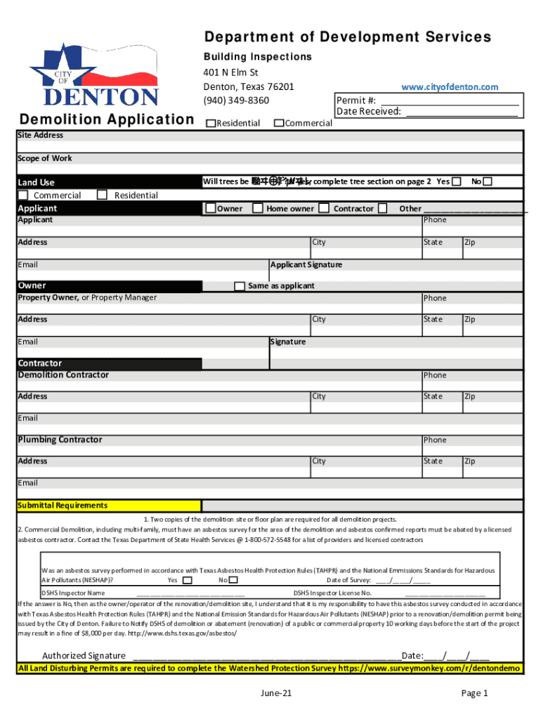 Fillable Online Department of Development Services Demolition Application Fax Email Print ...