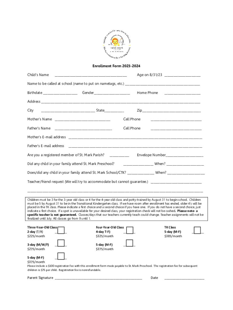 Fillable Online Enrollment Form 2023-2024 Child's Name Fax Email Print ...