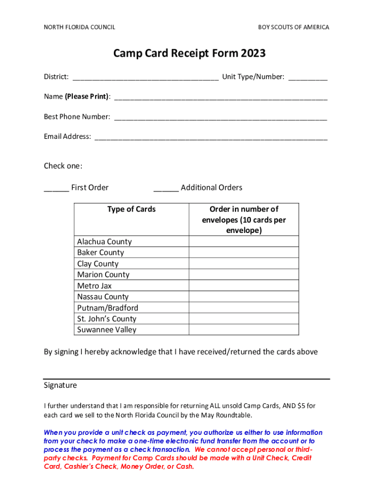Fillable Online Camp Card Receipt Form 2023 Fax Email Print - pdfFiller