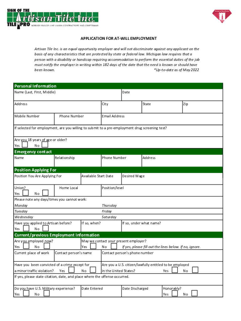 Fillable Online application for at-will employment - Artisan Tile Inc. Fax Email Print - pdfFiller