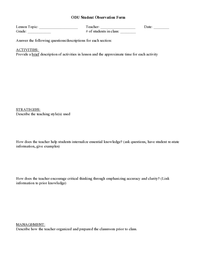 Fillable Online ODU Student Observation Form Lesson Topic Fax Email Print - pdfFiller