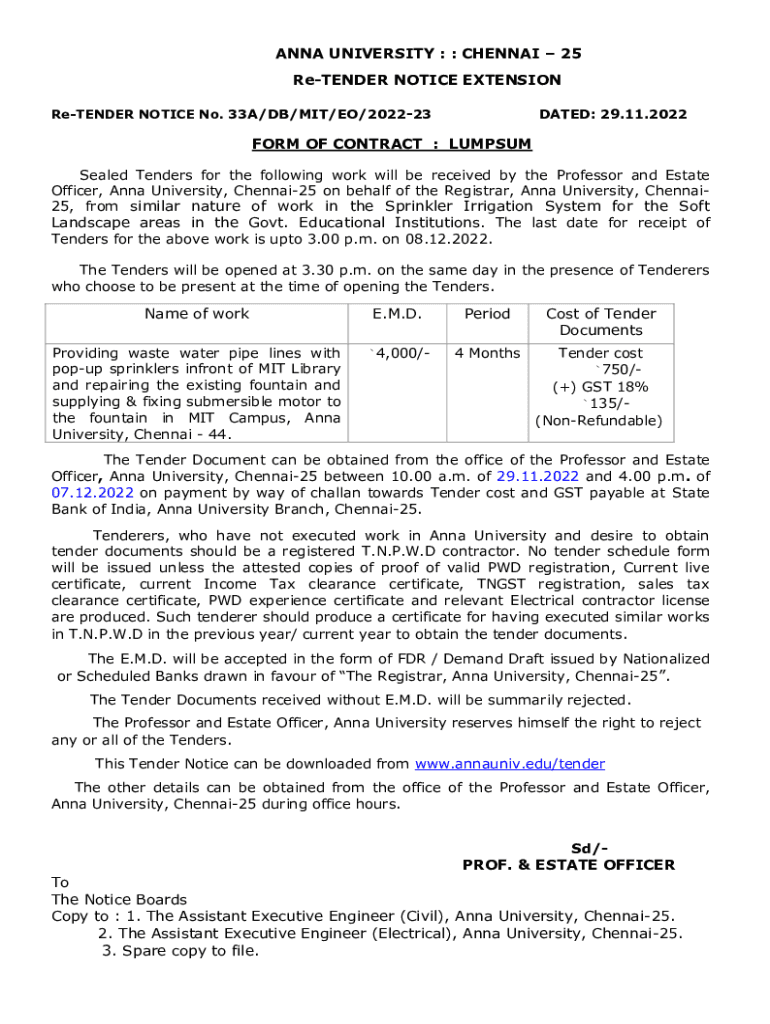 Fillable Online CHENNAI 25 Re-TENDER NOTICE EXTENSION FORM ... Fax ...