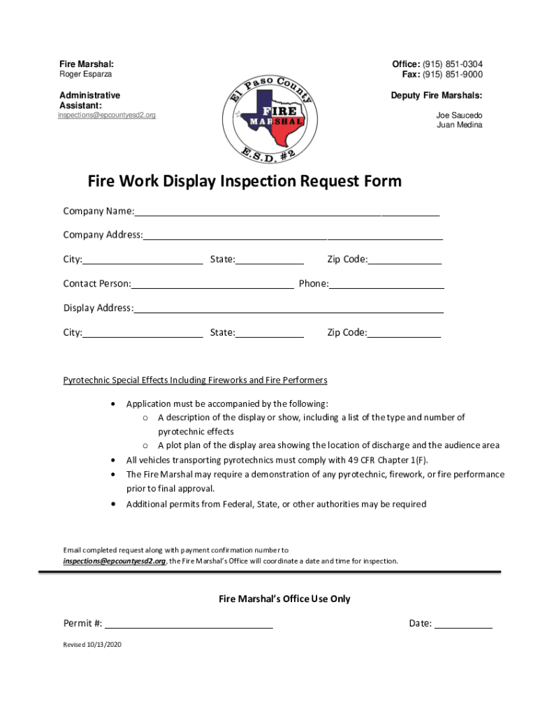 Fillable Online Fire Work Display Inspection Request Form Fax Email ...