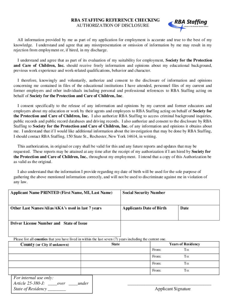 Fillable Online rba staffing reference checking authorization of ...
