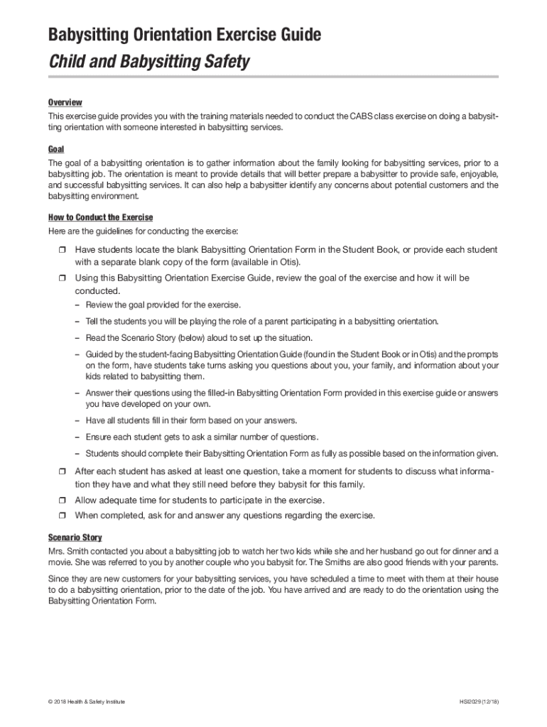 Fillable Online Babysitting Orientation Exercise Guide Child and ...