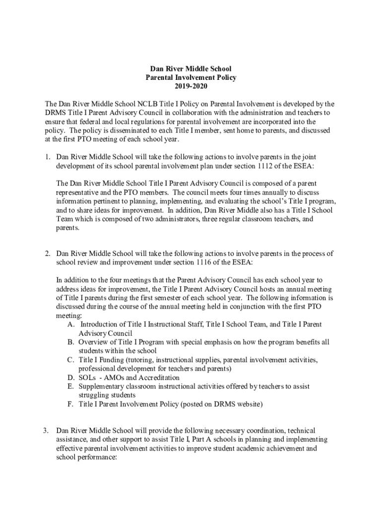 Fillable Online Title 1 Parent Involvement Plan - Dan River Middle Fax ...
