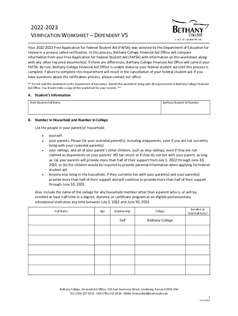 Fillable Online 2022-2023 verification worksheet dependent v5 Fax Email Print - pdfFiller