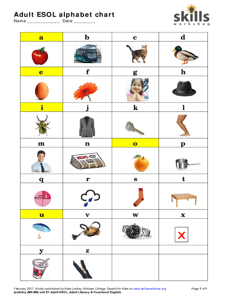 Fillable Online PreEntry - Entry 1 adult alphabet chart. Adult ESOL ...