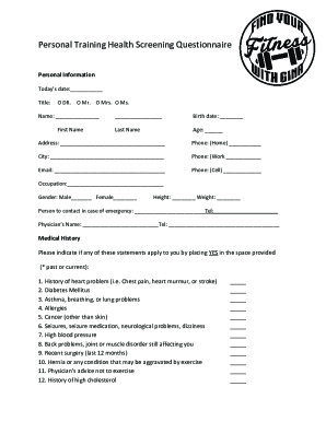 Fillable Online Personal Training Health Screening Questionnaire in PDF ...