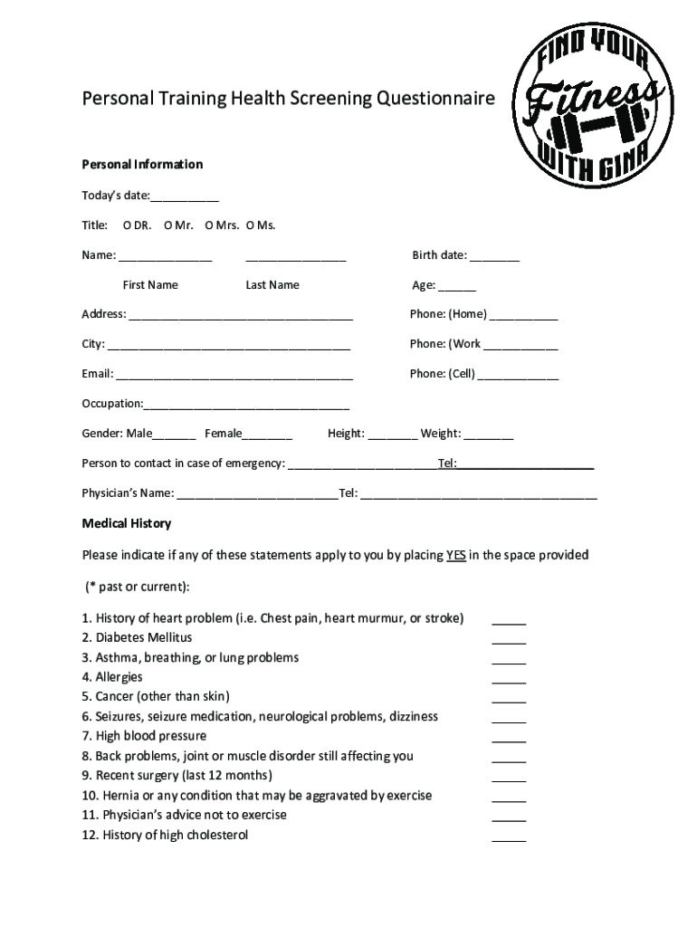 Fillable Online Personal Training Health Screening Questionnaire in PDF ...