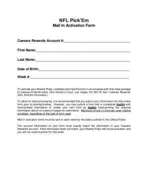 Fillable Online NFL Pick'Em - Mail In Activation Form Fax Email Print ...