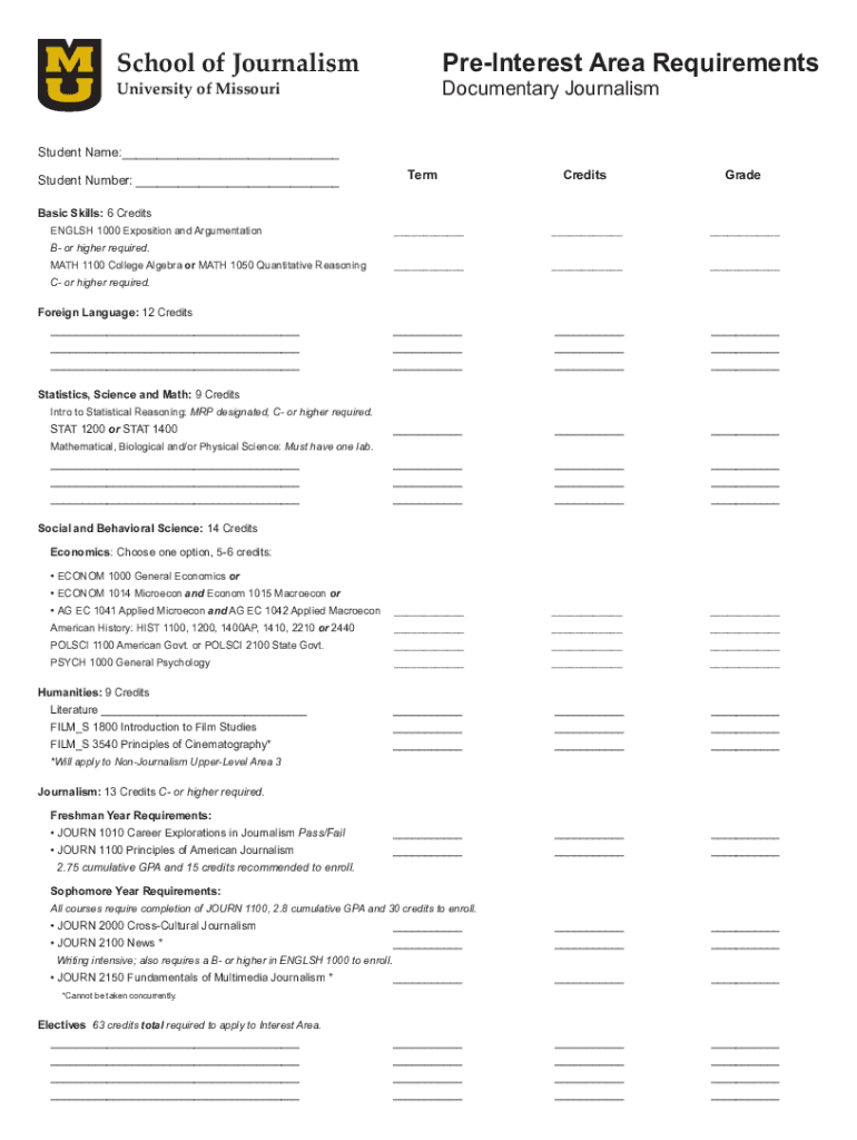 Fillable Online journalism missouri Pre-Interest Area Requirements ...