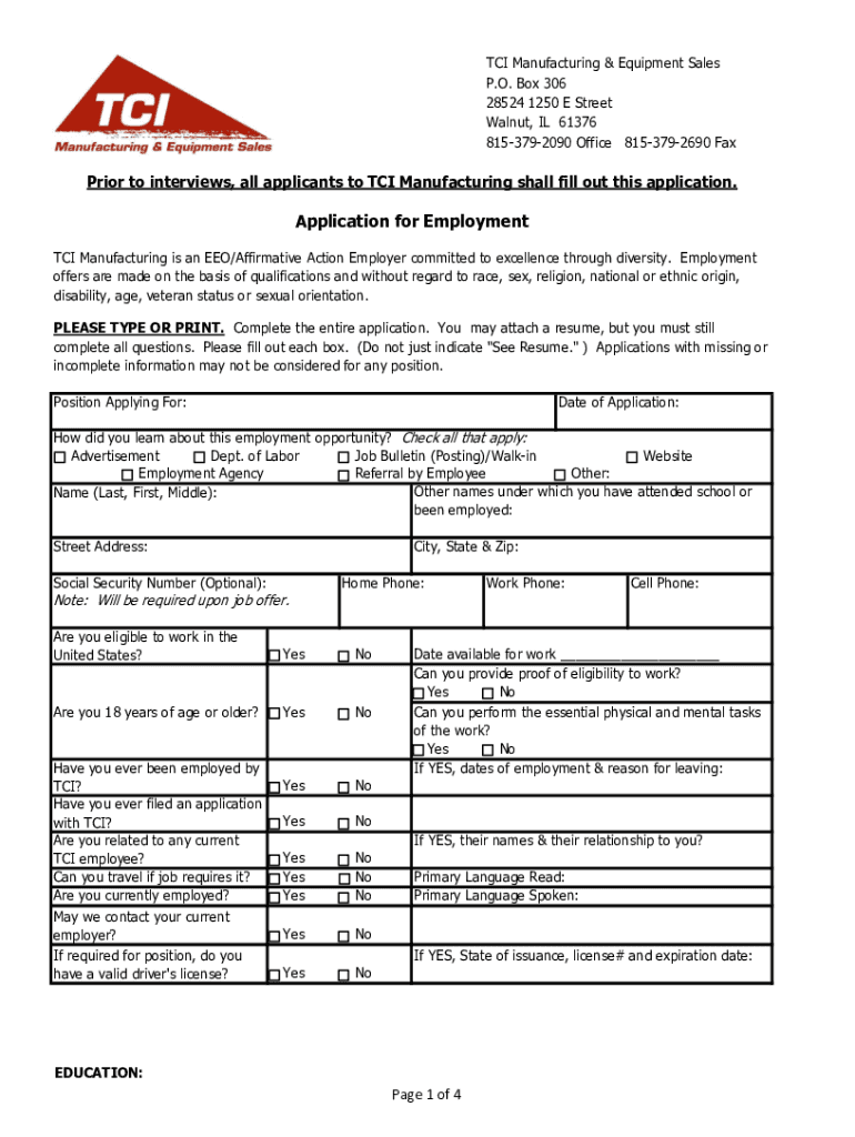 Fillable Online TCI ManufacturingGuaranteed to get the job done! Fax ...