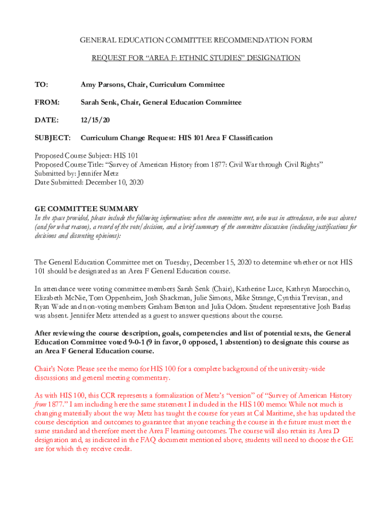 Fillable Online general education committee recommendation form Fax ...