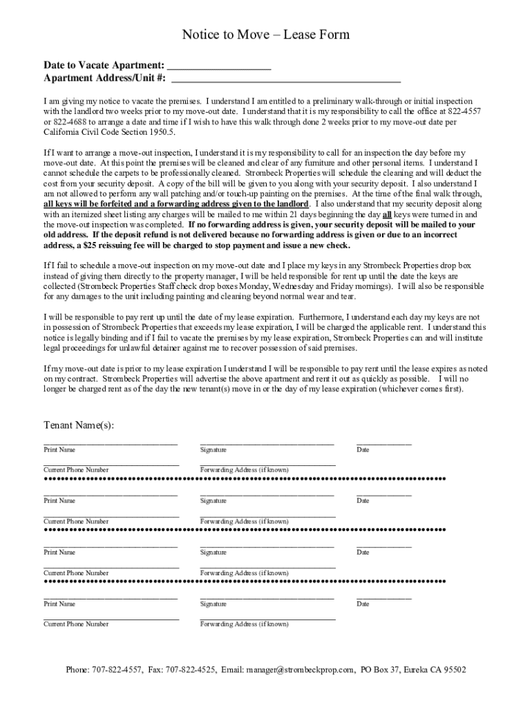 Fillable Online Notice to Move - Lease Form updated 8-5-14.doc Fax ...