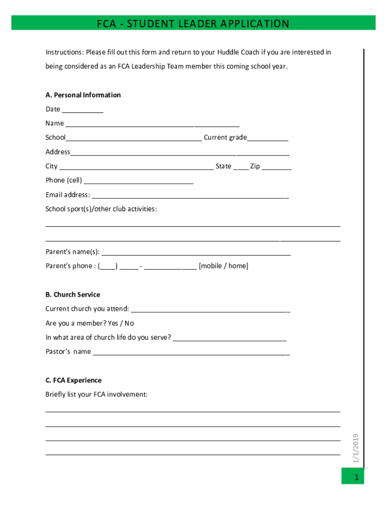 Fillable Online FCA Student Leader Application Instructions Fax Email ...