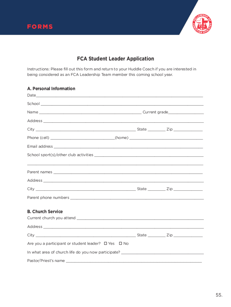 Fillable Online Student Leader Application - FCA Statement of Faith Fax ...