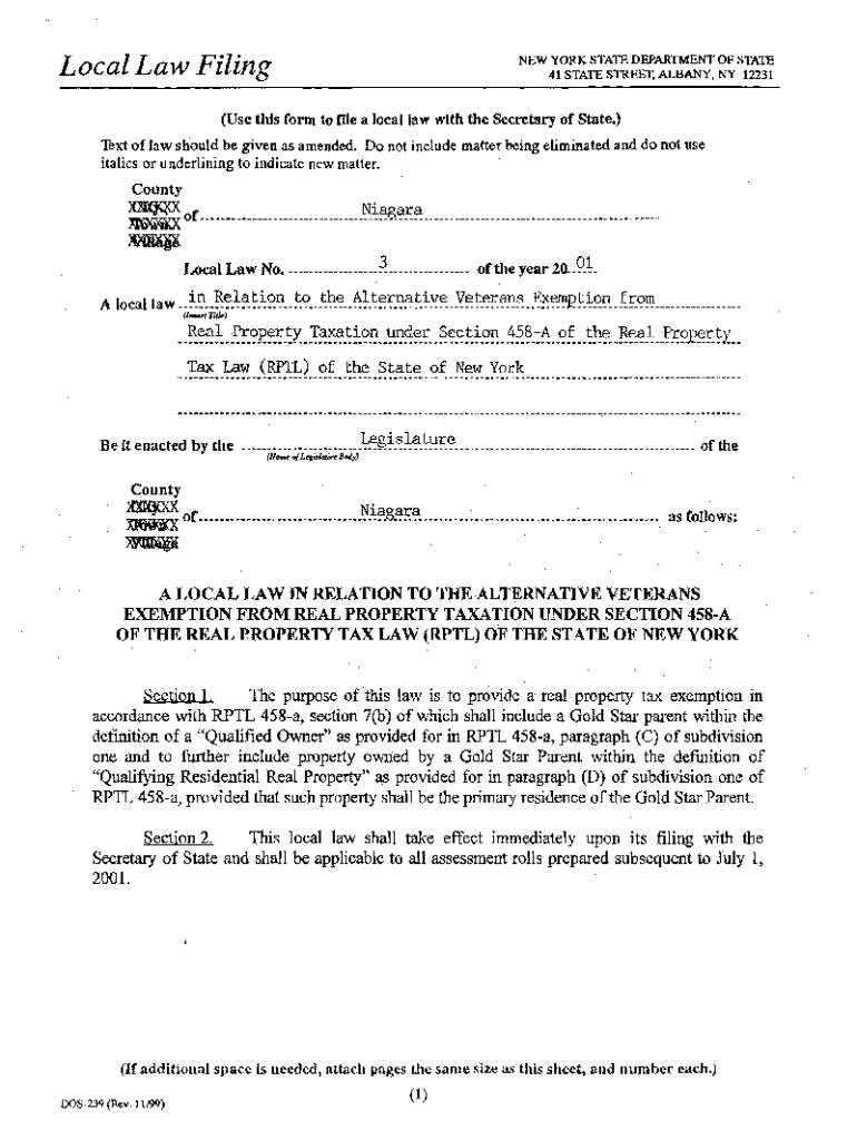 Fillable Online - 1 - Local Law Filing New York State Department of ...