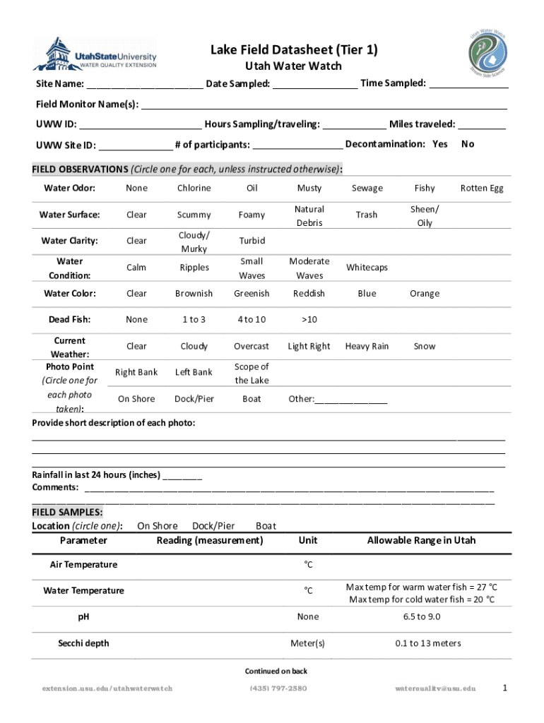 Fillable Online extension usu Lake Sampling Field Data Sheet (Tier 1 ...