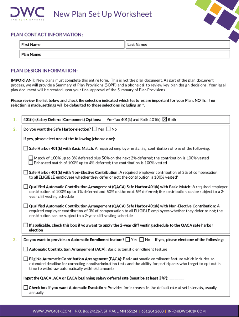 Fillable Online DWC Plan Setup Worksheet Fax Email Print - pdfFiller