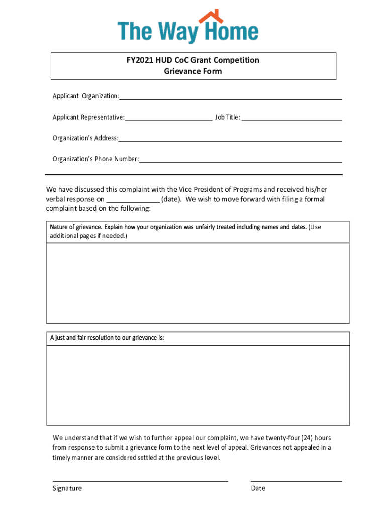 Fillable Online FY2021 HUD CoC Grant Competition Grievance Form Fax ...
