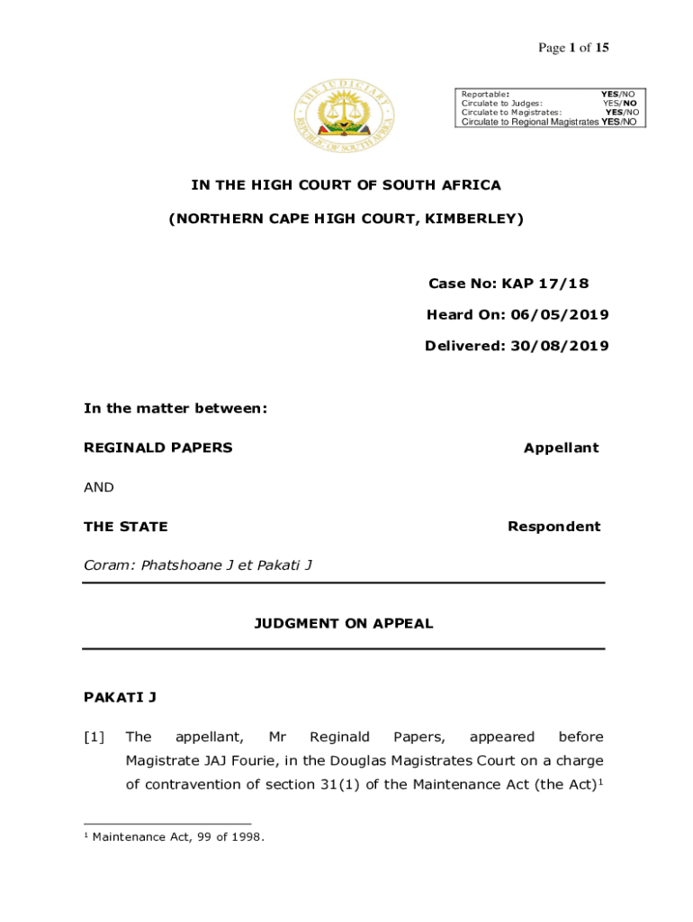 Fillable Online juta co Page 1 of 15 IN THE HIGH COURT OF SOUTH AFRICA ( ... Fax Email Print ...