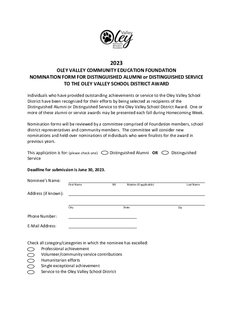 Fillable Online 2023 Distinguished Alumni & Service Nomination Form Fax Email Print - pdfFiller