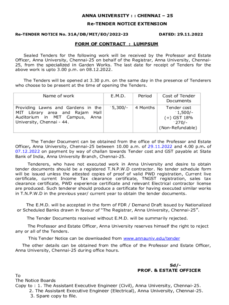 Fillable Online Re-TENDER NOTICE No. 11A/3353/DB/Civil/MIT/REG/ ... Fax ...