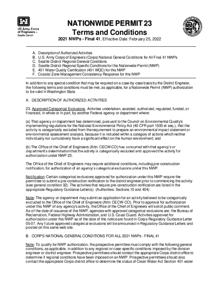 Fillable Online wsdot wa Nationwide Permit 23 terms & conditions ...