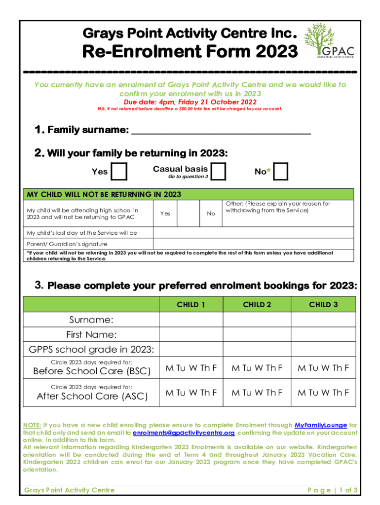 Fillable Online Grays Point Activity Centre Inc. - Re-Enrolment Form ...